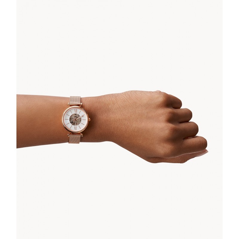 Fossil Carlie Mini Montre Femme Automatique Acier Doré Rose Milanais