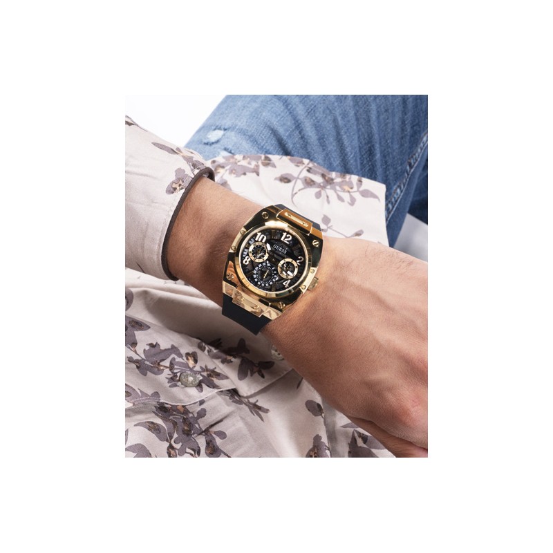 Guess Prodigy Montre Homme Multifonction Acier Doré Silicone Noir ...