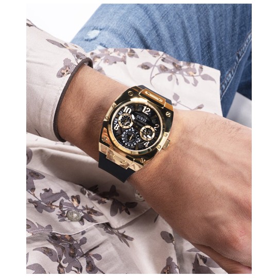 Guess Prodigy Montre Homme Multifonction Acier Doré Silicone Noir ...
